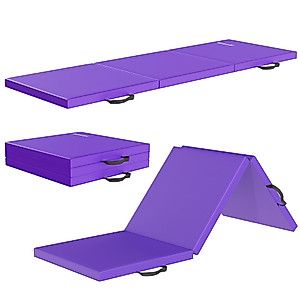 Signature Fitness 2" Thick Three Folds Folding Exercise Mat with Carrying Handles for MMA, Gymnastics and Home Gym Protective Flooring, Purple