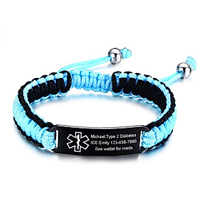VNOX Customize Medical Alert 13MM Handmade Braided Rope Stainless Steel ID Paracord Adjustable Bracelet,Blue