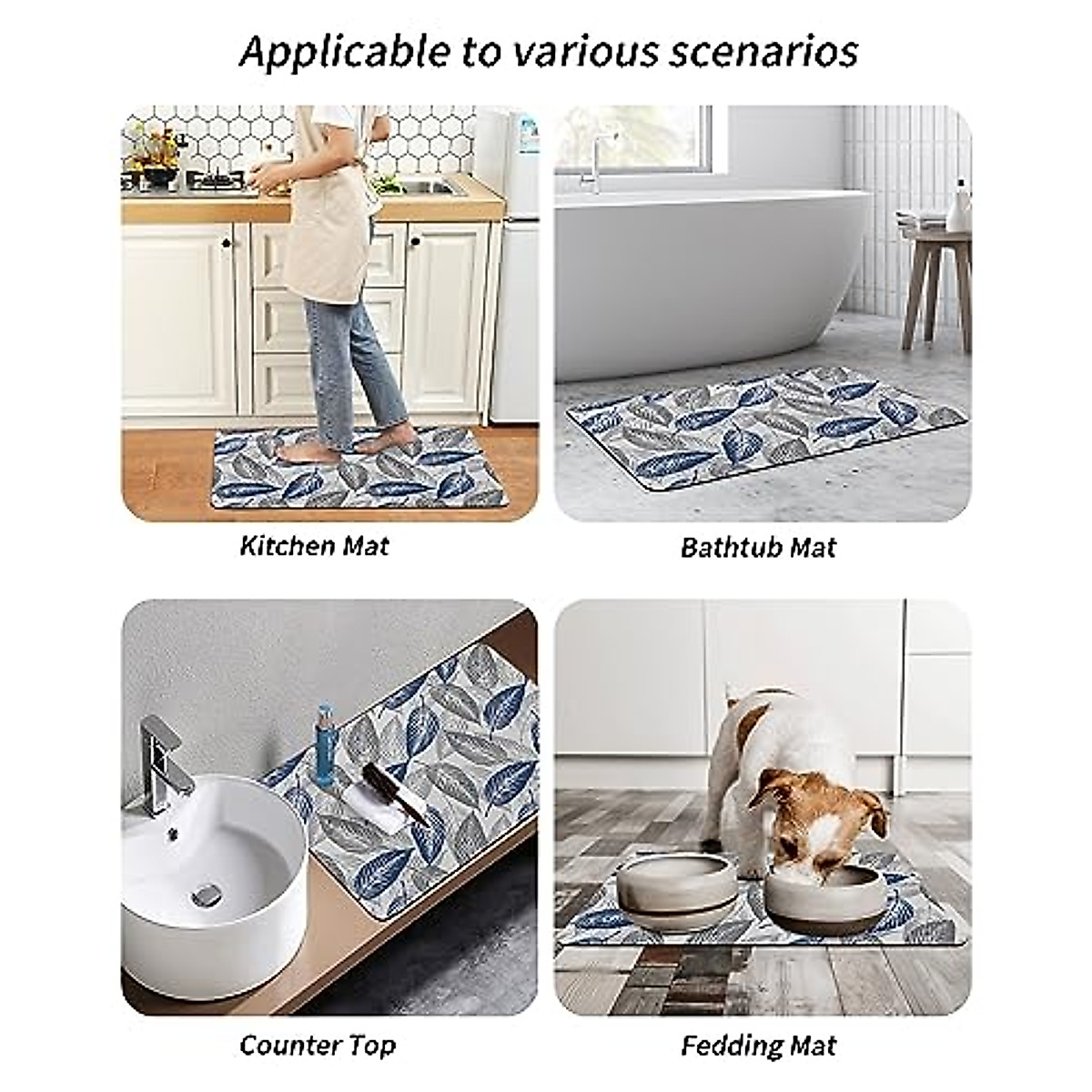 Gogobebe Super Absorbent Diatom Mud Mat Navy Blue Gray Leaves Leaf Texture Quick-Drying Thin Bath Mat Non-Slip Bathtub Mat Anti-Skid Rubber Bathroom Shower Mat 16x24in
