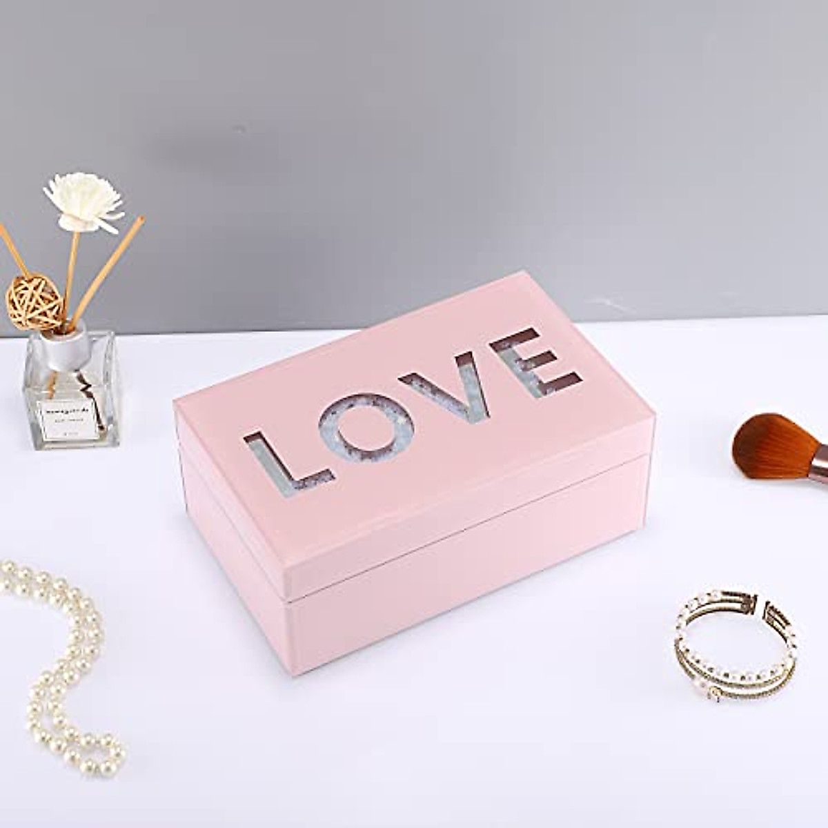 Hipiwe Glass Jewelry Box Trinket Organizer with Hollowed-out LOVE and Sequin Decor,Pink Jewelry Display Box Home Decorative Box Keepsake Gift Box for Women Girls