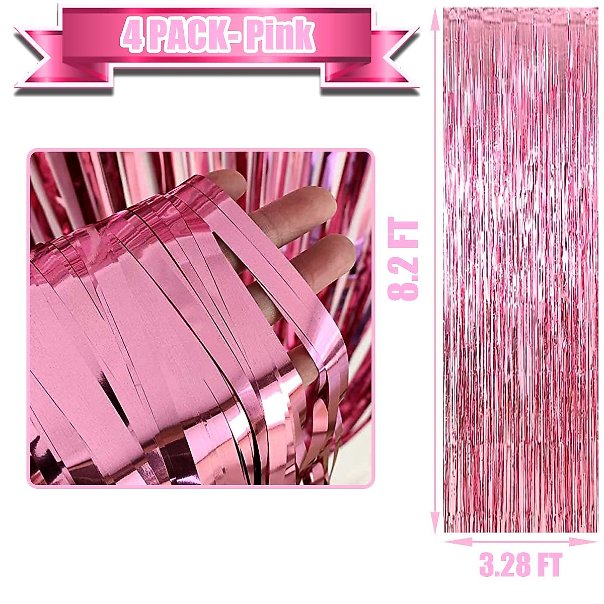 4 Pack Pink Foil Fringe Curtain Backdrop, 3.28Ft x 8.2Ft Metallic Tinsel Foil Fringe Streamer Curtains for Photo Booth Props, Birthday, Wedding, Valentine's Day Decoration Party Supplies
