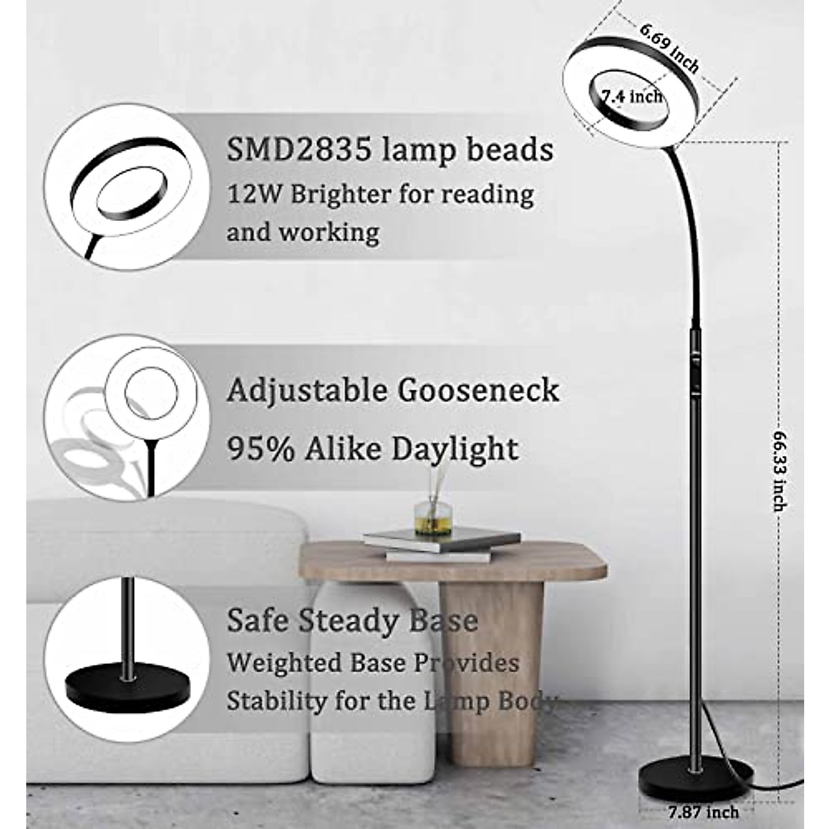 KS KINGSTAR Sofa Standing lamp Floor lamp Side Reading Lamps 3-Color Tall Standing Pole Light with Remote for Live Stream Learning and Reading Living Room,Bed Room,Home Office