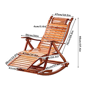 MOOTEK Folding Bamboo Rocking Chair, Old Man Lunch Break Solid Wood Lounge Chair, 5 Adjustable Back Chairs, with Armrest Foot Massage Pillow, Portable Outdoor Beach Terrace Chair