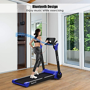 Goplus 2.25HP Electric Folding Treadmill, Installation-Free Design with 8-Stage Damping System, Large LED Touch Display and Blue Tooth Speaker, Compact Running Machine, Superfit Treadmill for Home Use