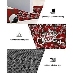 Snowflake Bath Mat for Tub,Non Slip Bathroom Floor Runner Rug Quick Dry & Absorbent Diatomaceous Earth Shower Sink Bedroom Kitchen Washable Doormat,Red Christmas Elk Xmas Plaid Rustic 20"x47"