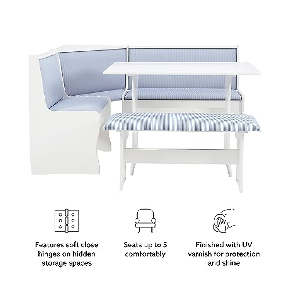 Linon Upholstered Seats and Hidden Storage Kiera Kitchen Corner Dining Nook, White and Blue Stripe