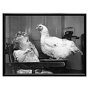 Vintage Weird Girl with Chicken Poster - Funky Oddity Curiosity Room Decor - Retro Funny Photo Picture for Bathroom Kitchen Home Office - Quirky Humorous Wall Art - Black and White 8x10 Unframed Gift