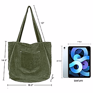Etercycle Corduroy Tote Bag, Casual Shoulder Bag for Women Big Capacity shopping Handbags Work Tote Bag with Zipper Pockets (Green)