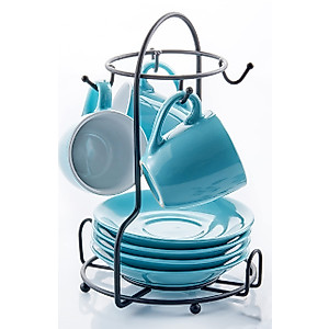 IMUSA USA 8pc 3oz Blue and White Espresso Cups & Saucers Set w/Storing Rack, 8pc, Teal