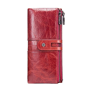 Contacts Womens Clutch Wallet Leather Checkbook Purse for Women Bifold Long Zipper Wallet Phone Card Holder (Red)