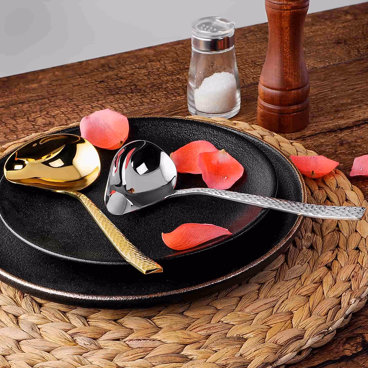 KEAWELL Louis Hammered 18/10 Stainless Steel Sauce Ladle With Pouring Spout, Great small sauce spoon for gravies and dressings, 7.4 Inch, Dishwasher Safe (2)