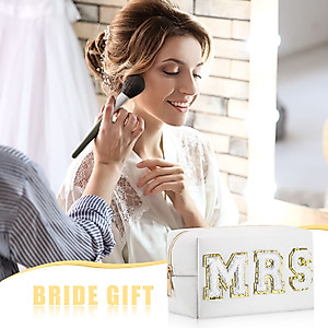 Xuniea MRS Letter Cosmetic Bag Bride Makeup Bag White Cosmetic Toiletry Bag Large Engagement Gift Bag with Zipper Engagement Gifts for Bride Wedding Bridal Shower