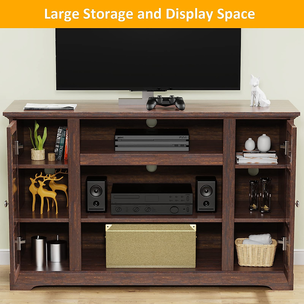 HolliWill 48" Glass Door TV Stand, Farmhouse TV Stand for 55 inch TV, Modern TV Console with Storage Cabinet, Small Entertainment Center and Ideal Media Storage for Living Room,Brown