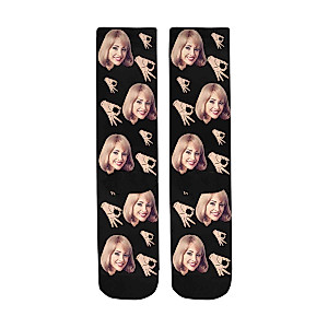 Custom Print Your Photo Pet Face Socks, Personalized Circle Game Finger Black Crew Socks for Men Women