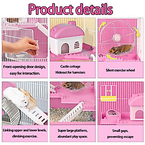 kathson Hamster Cages and Habitats Large Gerbil Cage with Accessories Hut Exercise Wheel Water Bottle Bowl Bathtub Small Animal Basic Cage for Syrian Hamster，3- Levels，22" L x 12.5" W x 14" H，Pink