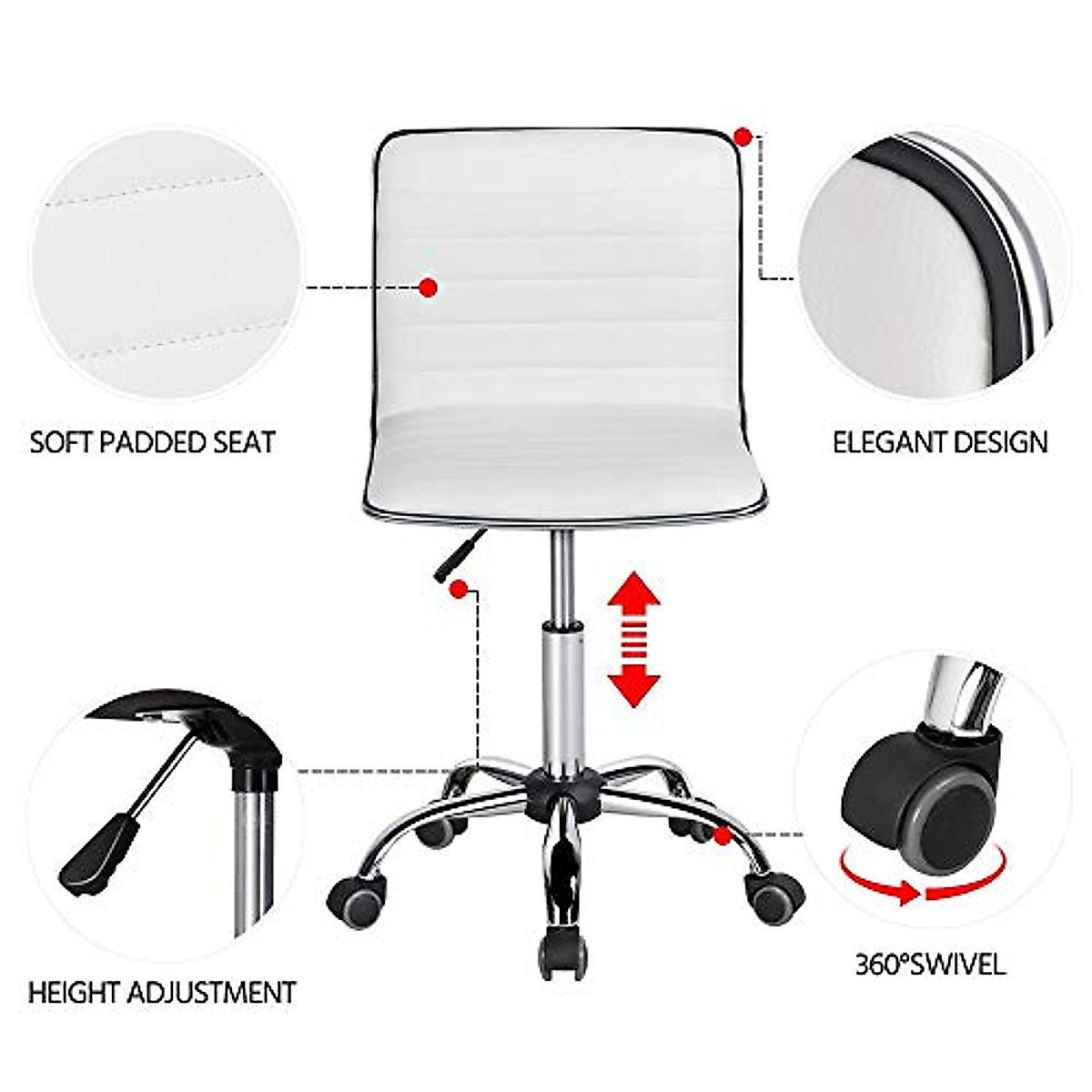 Yaheetech Adjustable Task Chair PU Leather Low Back Ribbed Armless Swivel Desk Chair Office Chair Wheels White, Set of 2