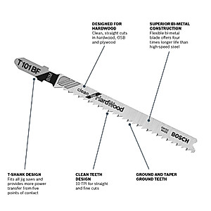 BOSCH T101BF 5-Piece 4 In. 10 TPI Variable Pitch Clean for Hardwood T-Shank Jig Saw Blades , Silver