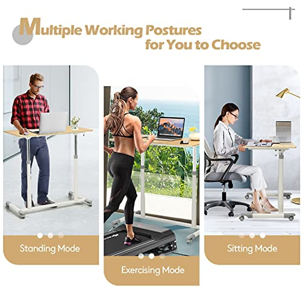 COSTWAY Mobile Height Adjustable Standing Desk, Compact Pneumatic Sit to Stand Computer Desk w/Lockable Casters, Ergonomic Rolling Laptop Table w/Steel Frame for Home Office (Natural)