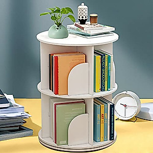 BJTDLLX Rotating Bookshelf, 2 Tiers Freestanding Storage Shelf, 360° Rotating White Bookshelf Round Bookcase Magazines A4 Papers Organizer, for Home Office Living Room 15.7x15.7x23.6in, White 2 Tiers
