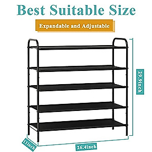 Wisdom Star 5 Tier Stackable Shoe Rack Organizer Storage, Adjustable Fabric Shoe Shelf for Closet Closet Hallway Bedroom Entryway, Black