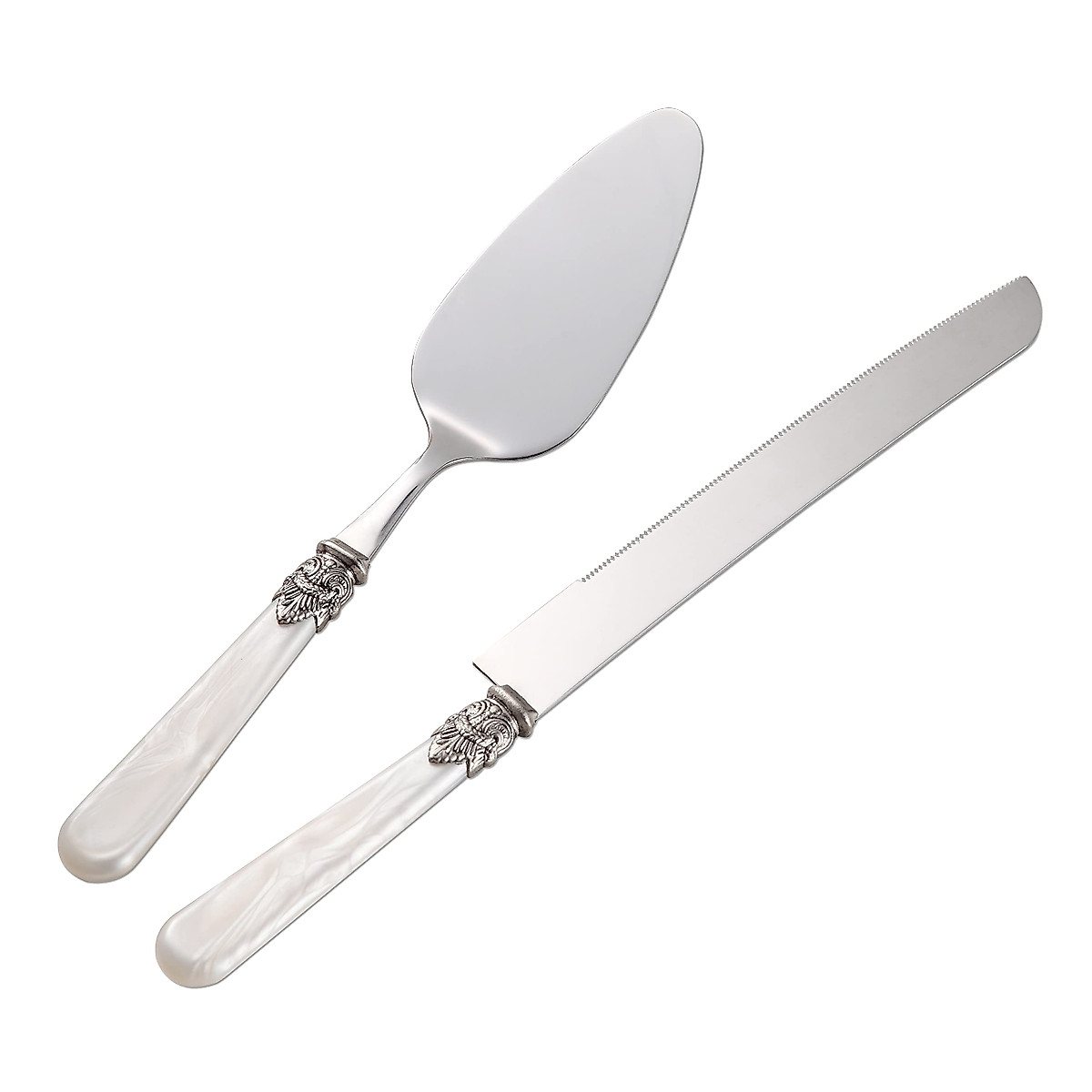 CATHYLIN Wedding Cake Knife and Serve Set, Fancy Hand Craft Italian Style Design, White Pearl Pie Knife Server Set, Vintage Silverware,Cake Cutter Set, Cake Knife Gift Set, 2 pcs