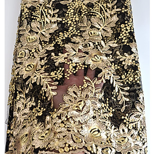 SanVera17 African Fabric Net Fabrics Nigerian Embroidered Lace Fabric for Party Dress (Gold) 5 Yards 2203-4