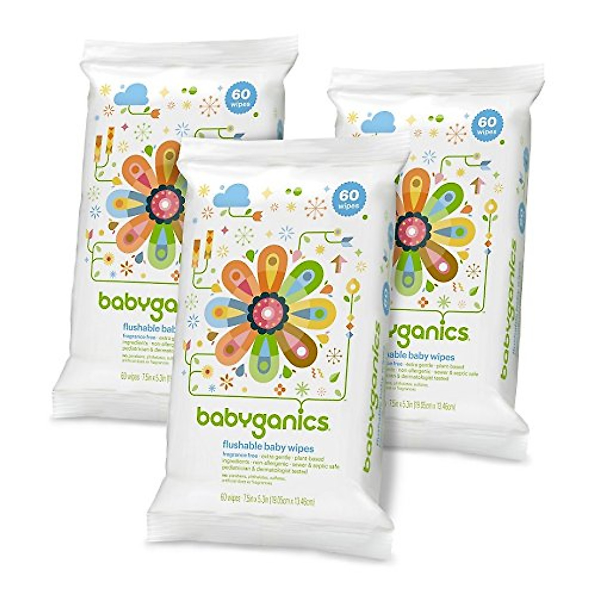 Babyganics Flushable Baby Wipes, Fragrance Free, 60 Count (Pack of 3, 180 Total Wipes)