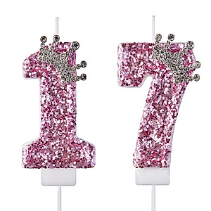 VSHILI 17 Birthday Candles, 17th Cake Candles, Pink Happy Birthday Number 17 Candles Cake Topper Decorations for Party Kids Boys Girls