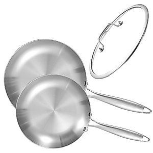 LOLYKITCH 8.5-10 Inch Tri-ply Stainless Steel Frying Pan Set with Lid,Skillets,Induction Chef's Cooking Pan,Pots and Pans Set,Dishwasher and Oven Safe,10 Inch Pan with Lid.