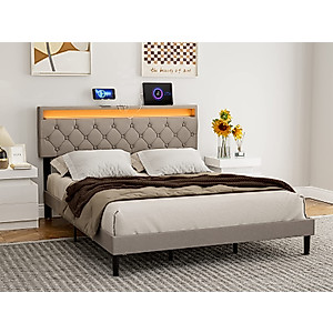 IKIFLY Upholstered Queen Size Headboard with LED Lights & 2 USB Ports - Adjustable Height - Button Tufted Linen Fabric Padded Headboard, Easy Assembly, Queen Headboard Only for Bedroom - Light Brown