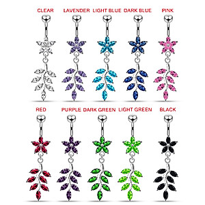 Lavender CZ Crystal Stone Daisy Flower with Floral Leaf Dangling 925 Sterling Silver Belly Ring Body Jewelry