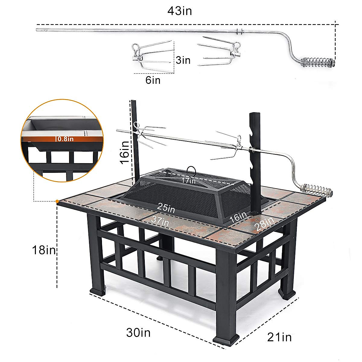 SINGLYFIRE 37 Inch Fire Pit Table with Grill for Outside Large Square Wood Burning firepit Heavy Duty Steel Bonfire Pit Cooking with Spark Screen Log Grate Poker for Backyard Garden Camping