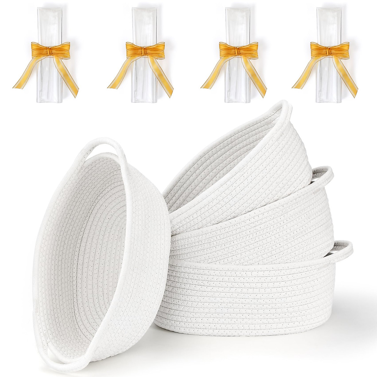 4 Pack Small Woven Basket with Handles, All 12"x 8"x 5", Cotton Rope Room Shelf Storage Basket, Cat Toys, Cute Baby Gift Basket with Gift Bags and Ribbons for Nursery, Empty Decorative Gift Chest Box