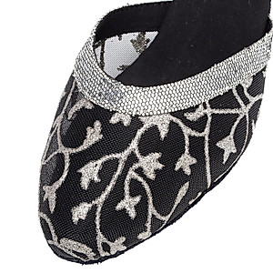 Minishion Women's TH132 Floral Low Heel Black Glitter Mesh Wedding Ballroom Latin Taogo Dance Pumps Shoes US 9.5