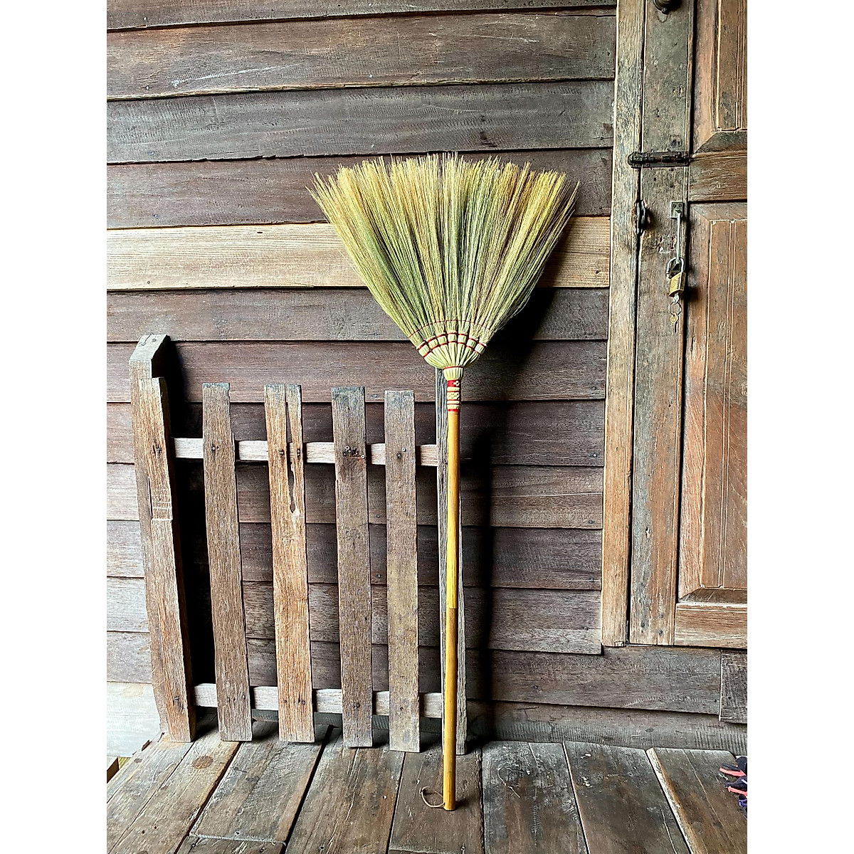 Asian Broom 46 inch - Straw Soft Broom - Long Handle Broomstick for Cleaning, Decoration, Wedding-Natural Whisk Broom for House, Garage, Office,Kitchen - Indoor Grass Broom