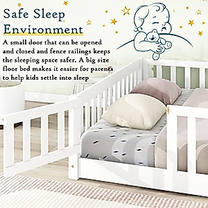 Tatub Full Size Floor Bed with Safety Guardrails, Door and Slats, Montessori Floor Bed Frame, Wood Montessori Floor Bed for Kids, Girls and Boys, Full-White
