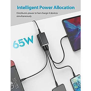 USB C Charger, GaN 65W 4-Port Desktop USB Charging Station with 2 USB-C Ports +2 USB-A Ports PD Fast Charger for MacBook Pro Air, Dell XPS 13, iPad Pro, iPhone 14 13 12 Pro Max, Galaxy and More(Black)