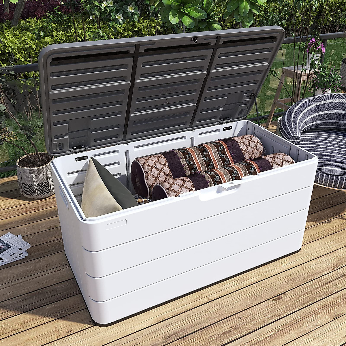 Mrosaa 110 Gallon Outdoor Deck Box, Outside Storage Box Waterproof for Cushion Storage, Garden Tools, Lockable Outdoor Storage Bin, Light Beige