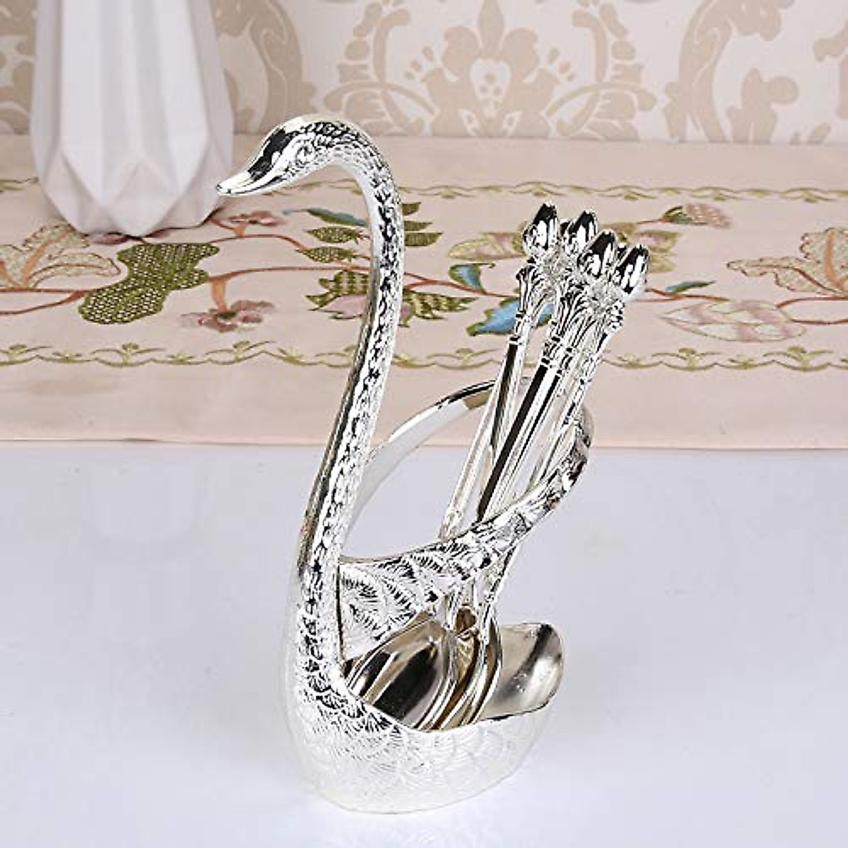 Holder Tableware Storage Stainless Steel Spoon Tableware Kit with Zinc Alloy Swan Shape Holder Storage Organizer (Silver)