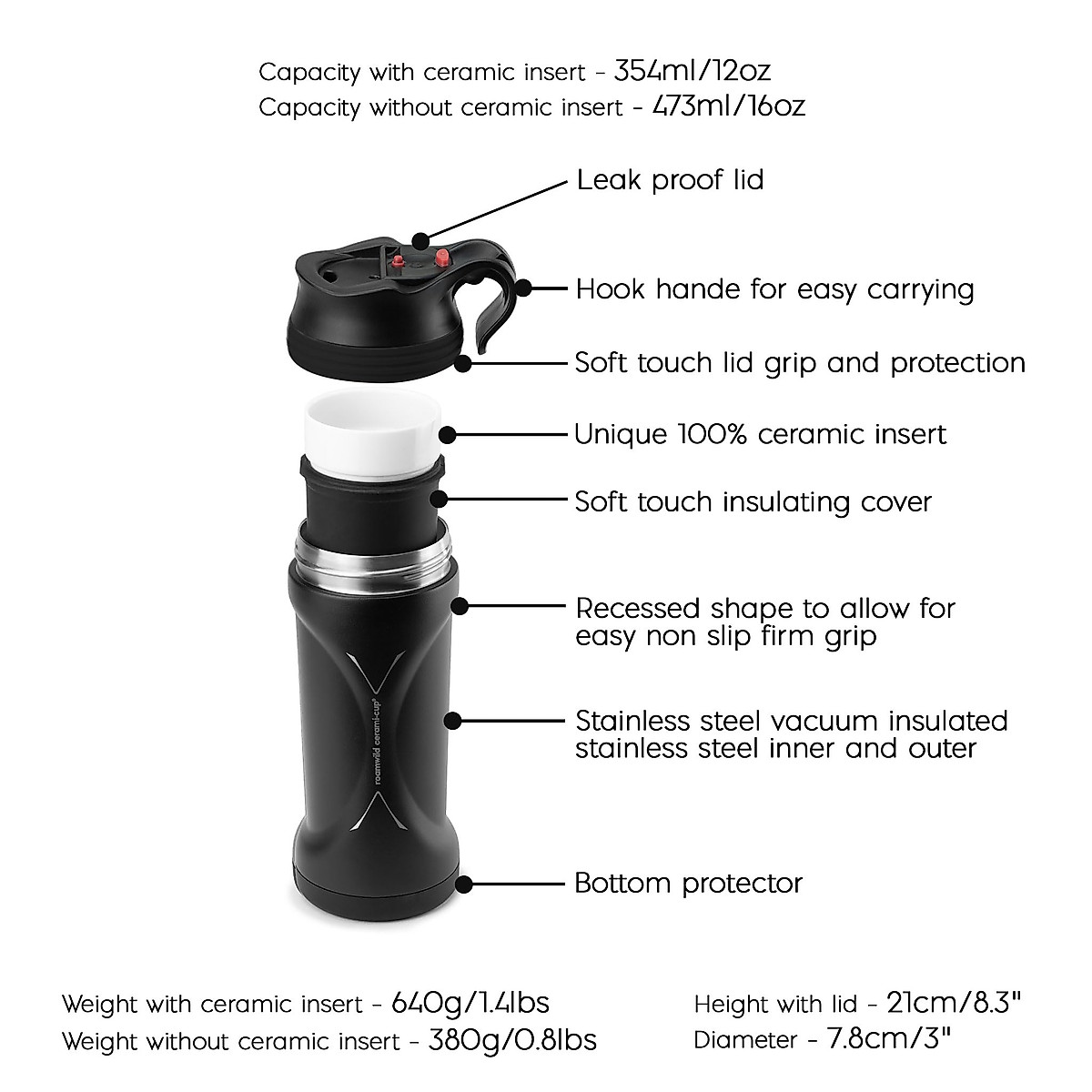 Roamwild Cerami Cup 12oz / 354ml – With Unique Ceramic Fresh Tasting Inner Tumbler - Quadruple Thermal Insulation Technology Stainless Steel Travel Mug, BPA-Free, Dishwasher Safe (Black & Black)