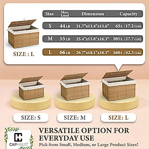 CAPHAUS Handwoven Storage Basket w/Lid and Handles, 2 Removable Liner Bags, Foldable Clothes Basket for Laundry, Large Synthetic Rattan Laundry Basket w/Lid, Laundry Basket w/Lid, 160L, Brown