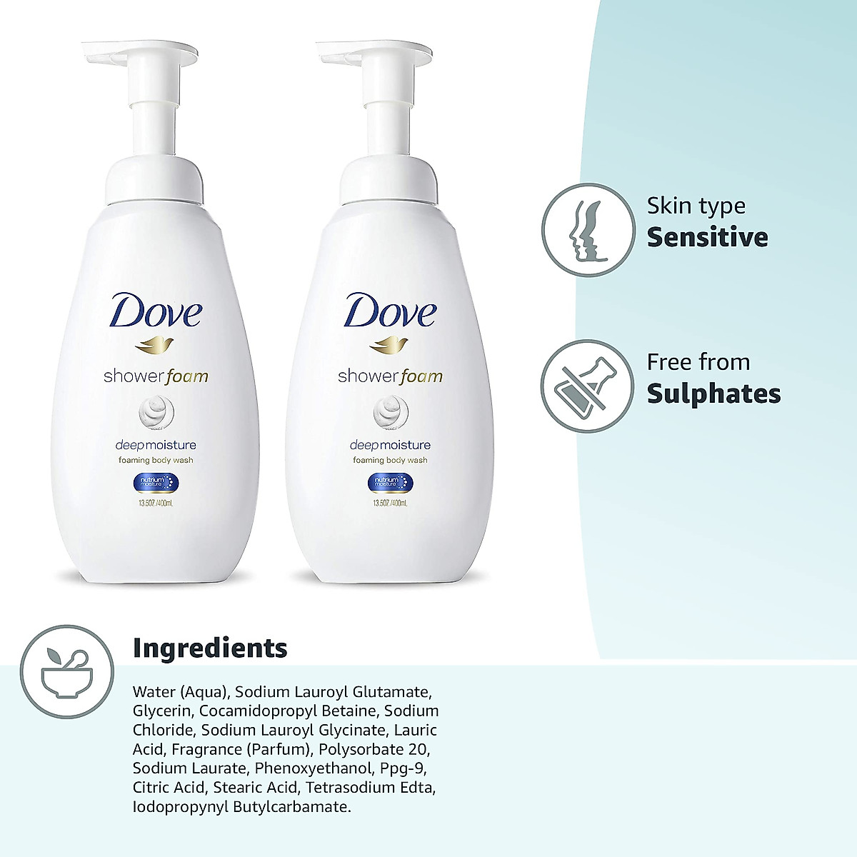 Dove Instant Foaming Body Wash for Soft, Smooth Skin Deep Moisture Cleanser That Effectively Washes Away Bacteria While Nourishing Your Skin,13.5 oz (Pack of 2)
