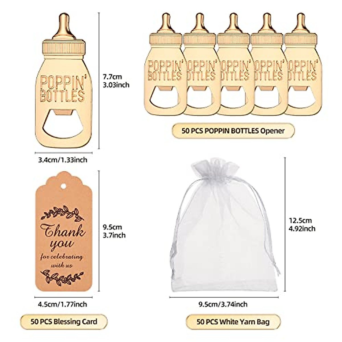 50 Pieces Baby Bottle Openers, Poppin Bottle Design for Baby Shower Favors with Tank You Gift Tag Card in Bulk
