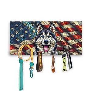 Ninety3POD Patriotic Siberian Husky Stained Glass Portrait American Flag Wood Key Holder Husky Dog Lover Gifts Wall-Mounted Key Rack Home Decor - 010