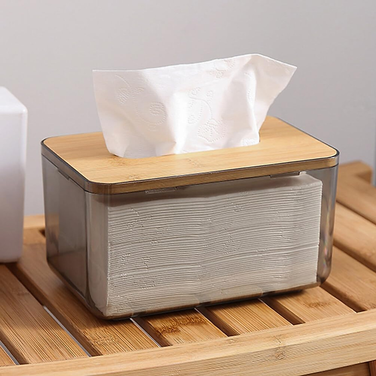Cabilock Car Napkin Holders Tissue Holder Rectangular Tissue Box Holder Dryer Sheet Dispenser Box with Wood Lid Transparent Napkin Container Tissue Organizer for Living Room Bathroom