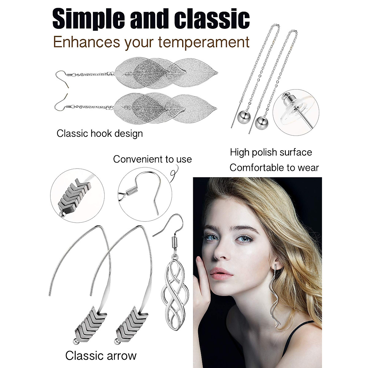 13 Pairs Metal Drop Dangle Earrings Set Curved Threader Dangle Earrings Double Twist Wave Long Bar Arrow Leaf Earrings (Silver)