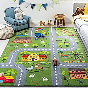 Safavieh Kids Playhouse Collection Machine Washable Slip Resistant 6'7" x 9' Dark Green/Light Grey KPH235Y Village Road Playroom Nursery Bedroom Area Rug