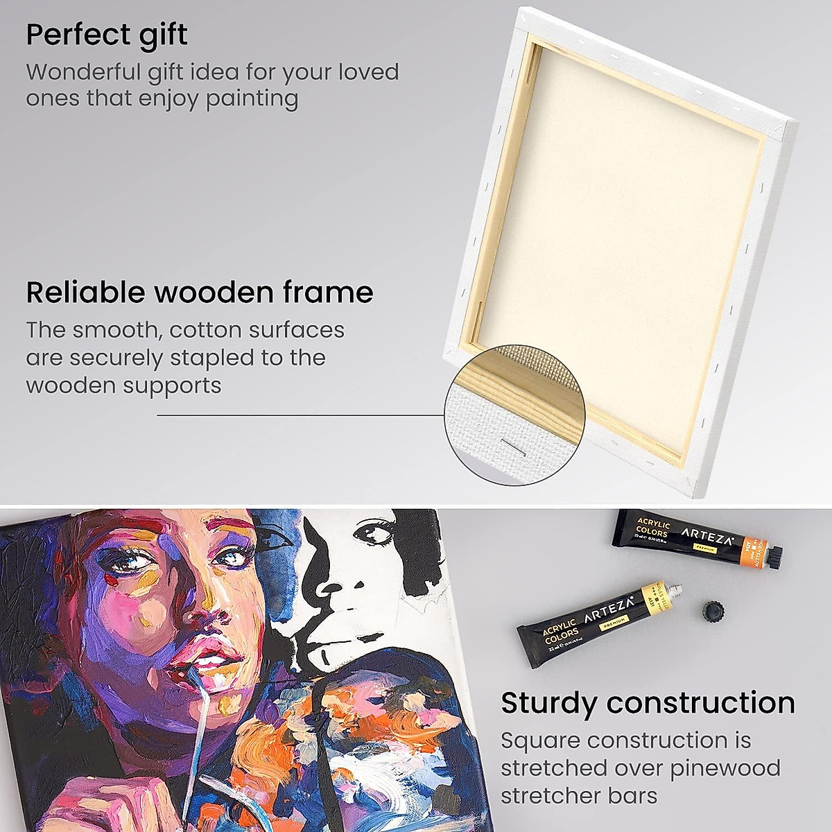 ARTEZA Premium Stretched Canvas, 12 x 12 Inches, Pack of 8, Blank White Square Canvas Boards for Acrylic, Oil and Gouache Painting