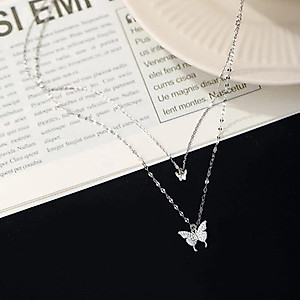 925 Sterling Silver Butterfly Tassel Shiny Exquisite Double Layer Pendant Clavicle Necklace Chain for Women and Teen Girls.