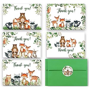 50 Woodland Thank You Cards, 4x6" Forest Animals Greenery Thank You Notes with Matching Green Envelopes & Stickers, Woodland Creatures Notecards Perfect for Woodland Baby Shower and Birthday Party